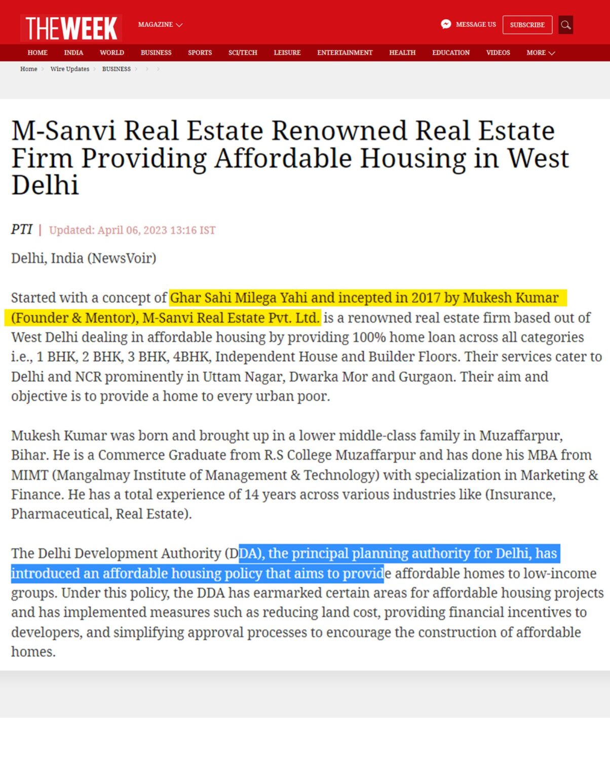 Media Press Release - Sanvi Real Estate In Top 10 News