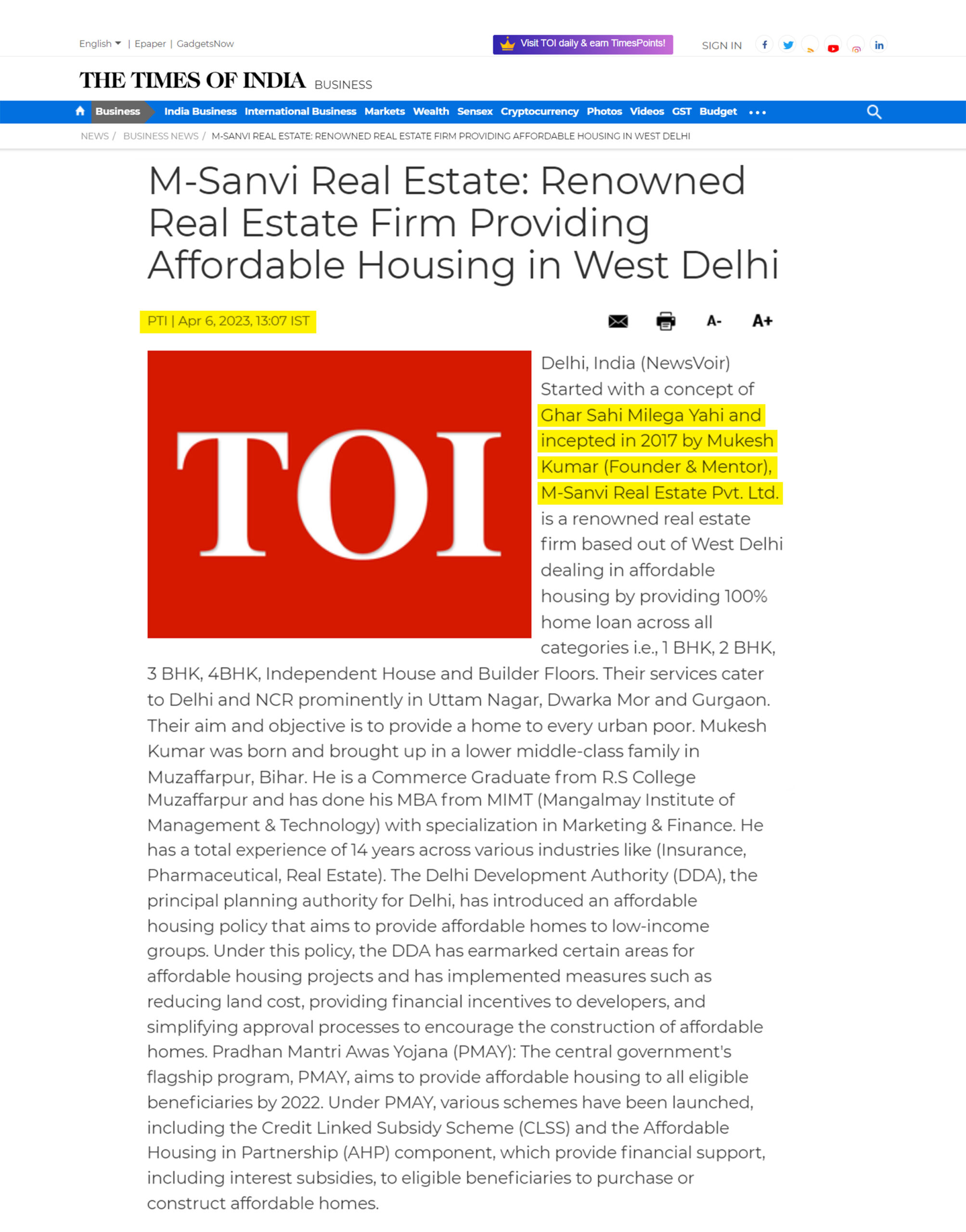 Media Press Release - Sanvi Real Estate In Top 10 News