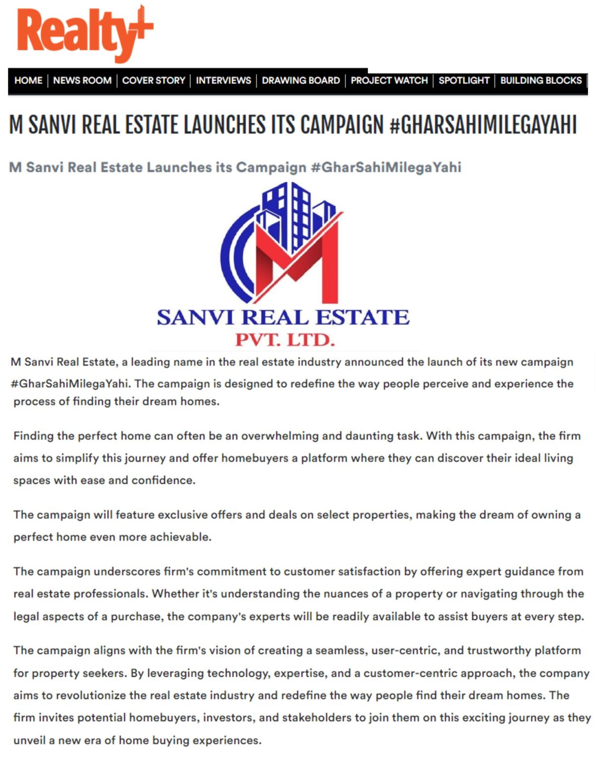 Media Press Release - Sanvi Real Estate In Top 10 News